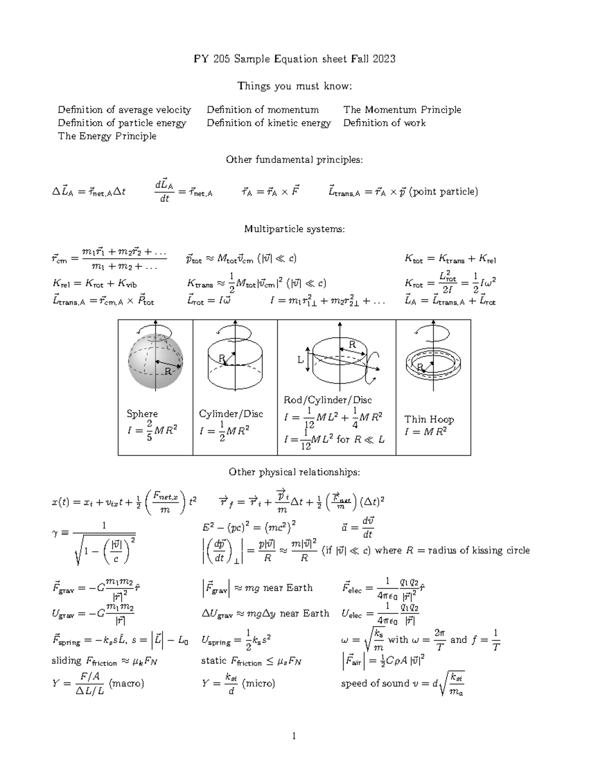 205-equations-F23 - equation sheet - PY 205 Sample Equation sheet Fall ...
