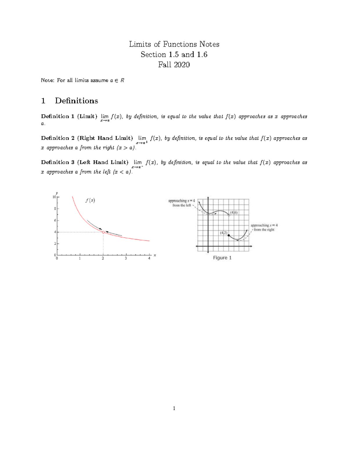 Limit and Continuity - Limits of Functions Notes Section 1 and 1. Fall ...