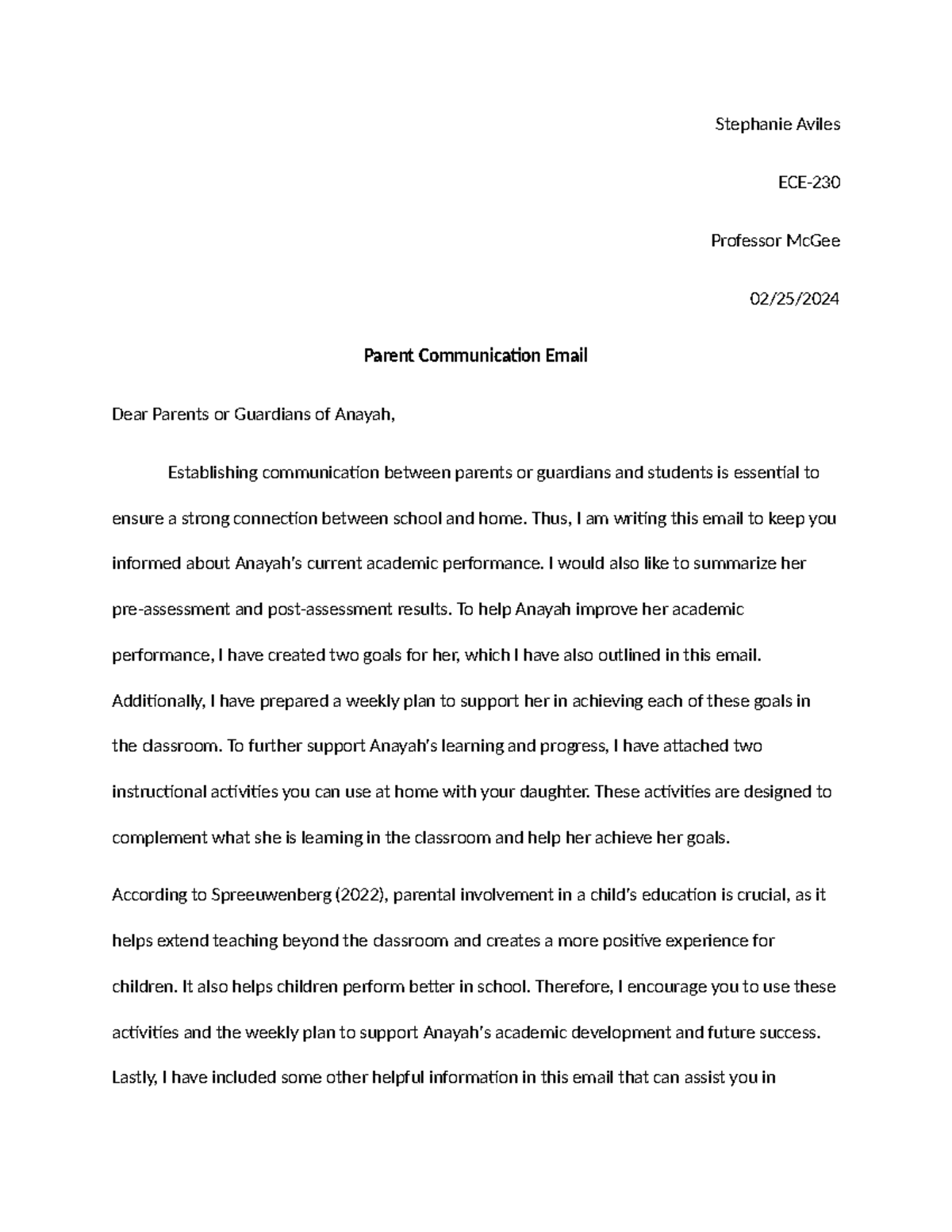 Parent Communication Email - Stephanie Aviles ECE- Professor McGee 02 ...