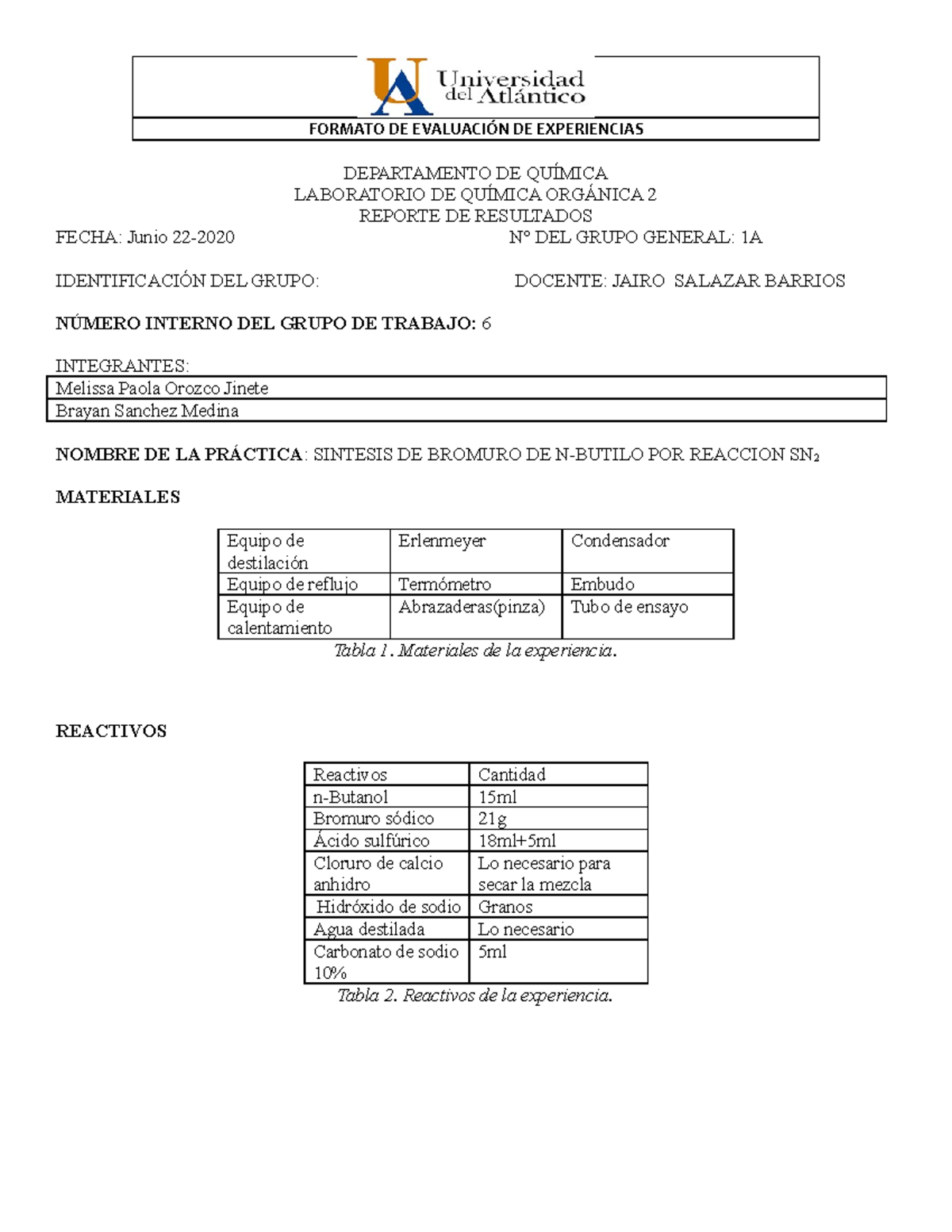 Lab 3 sintesis de bromuro de n-Butilo por reaccion SN2 - FORMATO DE ...