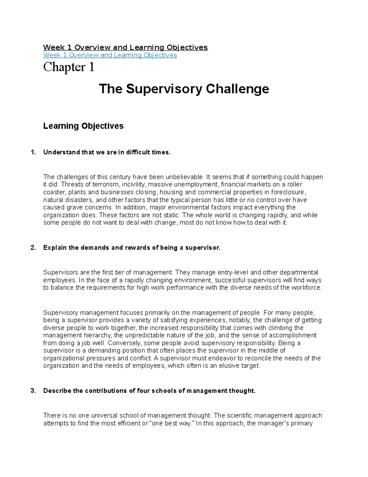 Week 1 Overview and Learning Objectives - The Supervisory Challenge - Week 1 Overview and ...