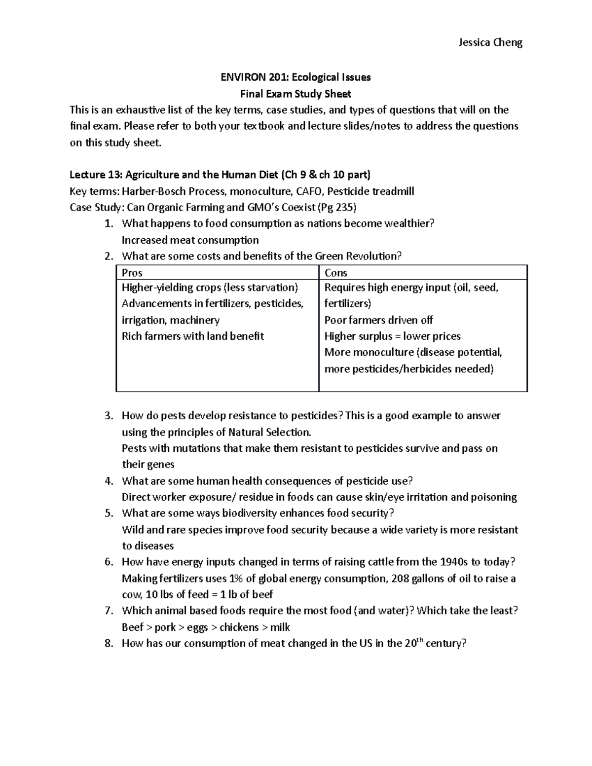 ENV 201 Final Exam Review Sheet F17 Final - Jessica Cheng ENVIRON 201 ...
