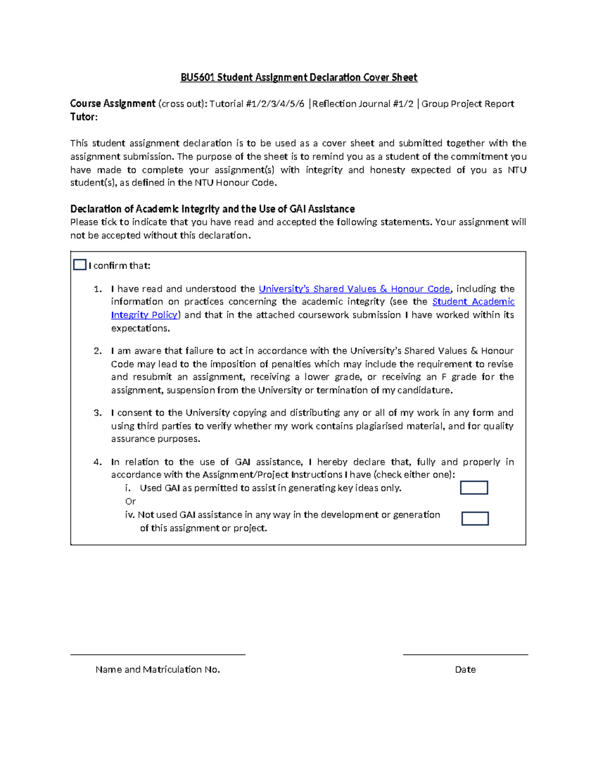 23S2 BU5601 Student Assignment Declaration Cover Sheet - BU5601 Student ...