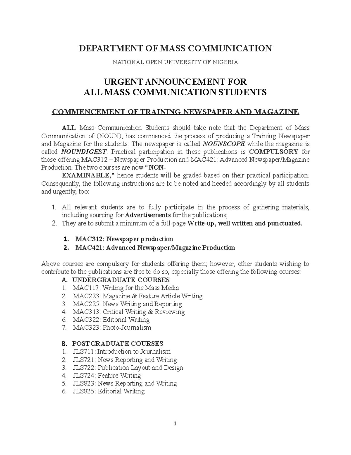 FOR ALL Students Announcement, NEWS Sources, Advert Rates, Advert ...