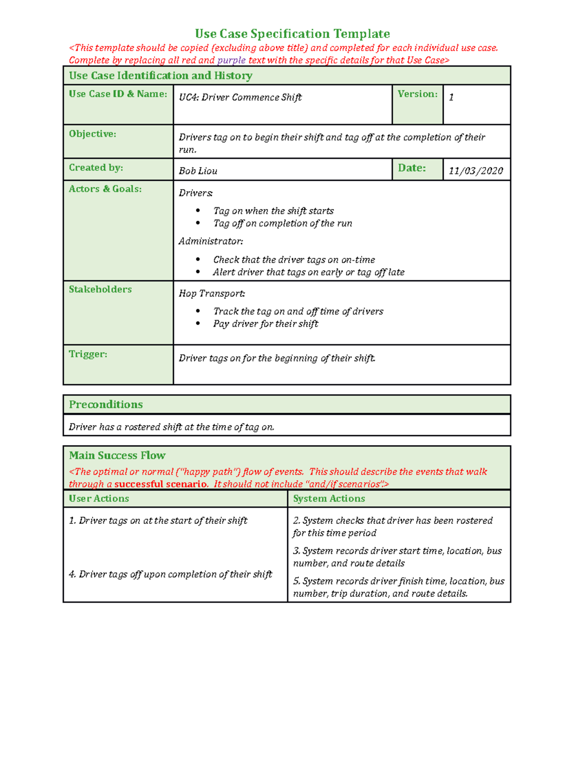 Commence Shift - Use Case Specification Template - Use Case ...