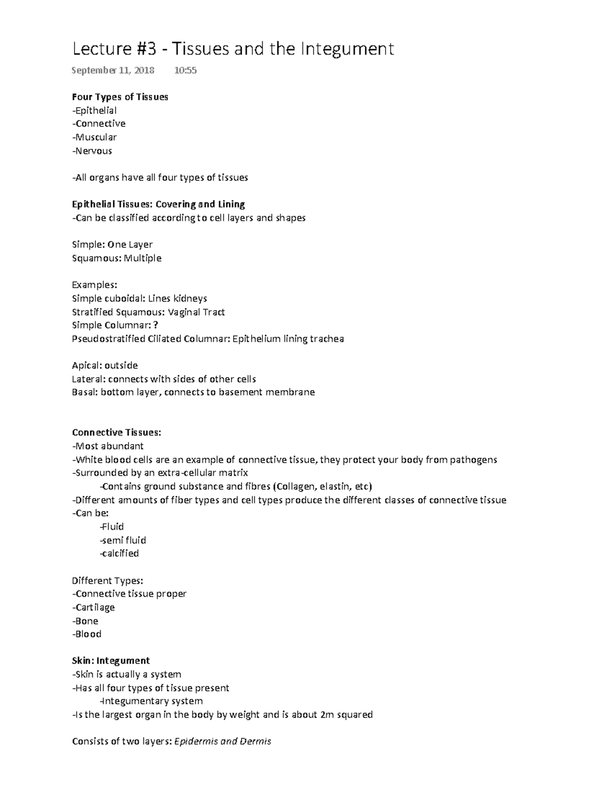 Lecture 3 Tissues and Integument - Warning: TT: undefined function: 32 &ŽƵƌ dLJƉĞƐ ŽĨ dŝƐƐƵĞƐ ...
