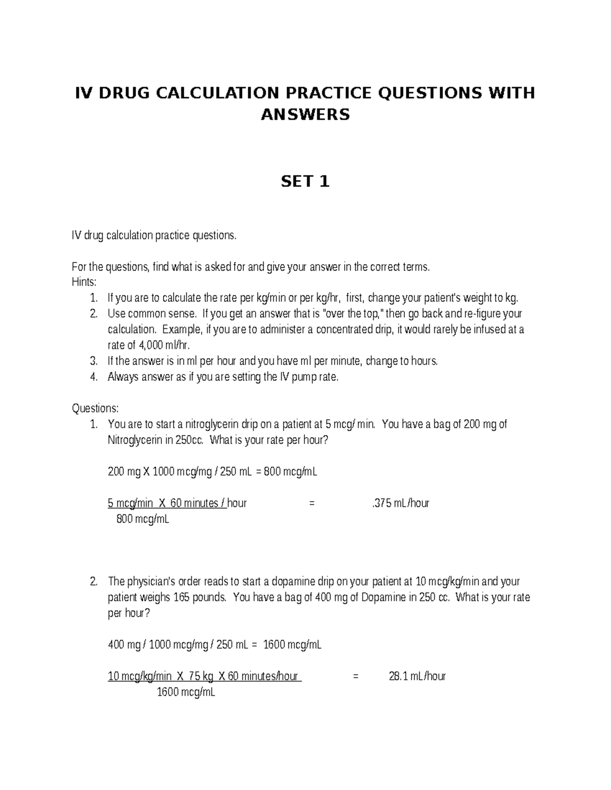 IV DRUG Calculations SET 1 WITH Answers - IV DRUG CALCULATION PRACTICE ...