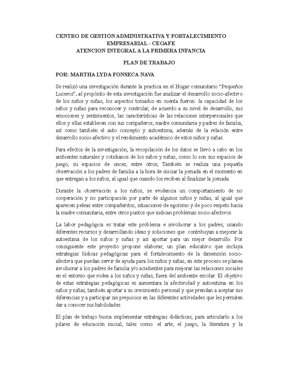 PLAN DE Trabajo - ninguna - CENTRO DE GESTIÓN ADMINISTRATIVA Y ...