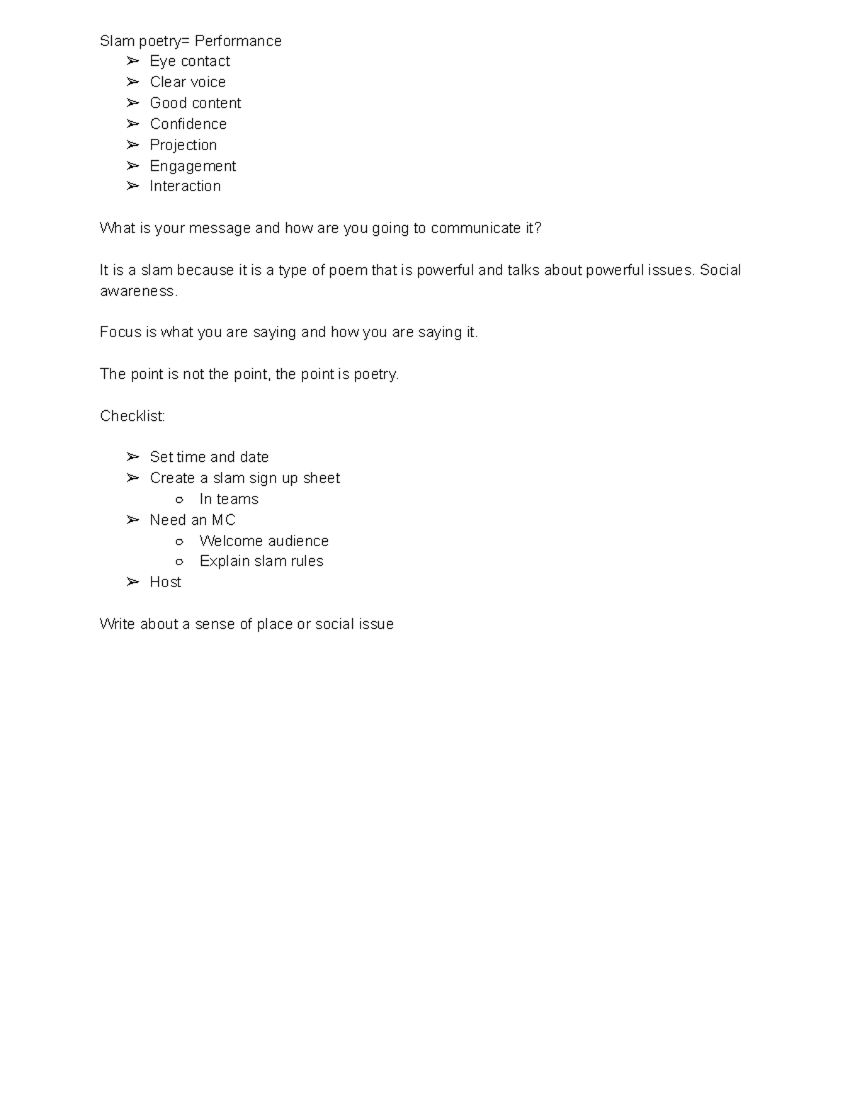 Slam Poetry Notes - Slam poetry= Performance Eye contact Clear voice ...