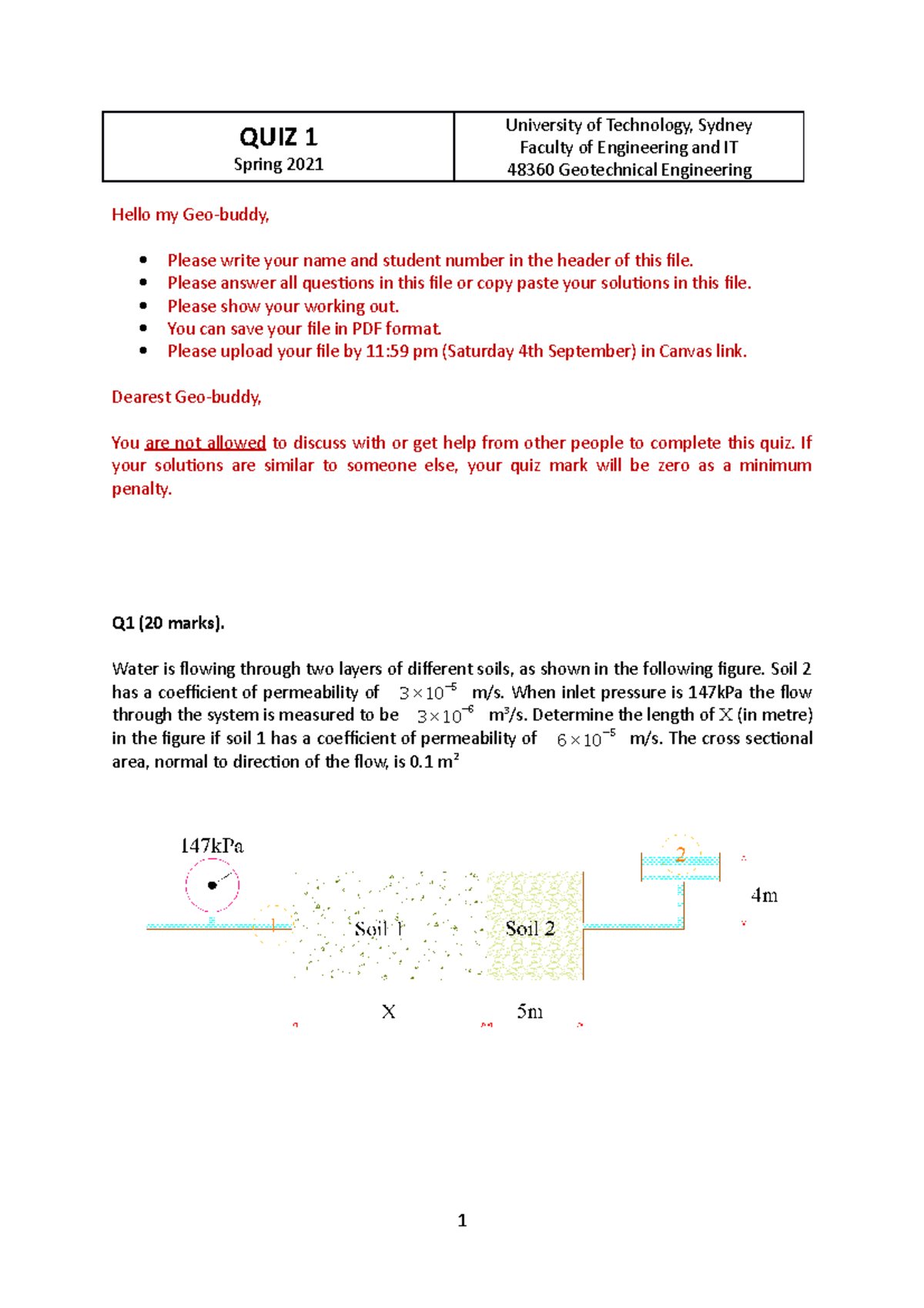Geotechnical Quiz 1 Answers - QUIZ 1 Spring 2021 University of ...
