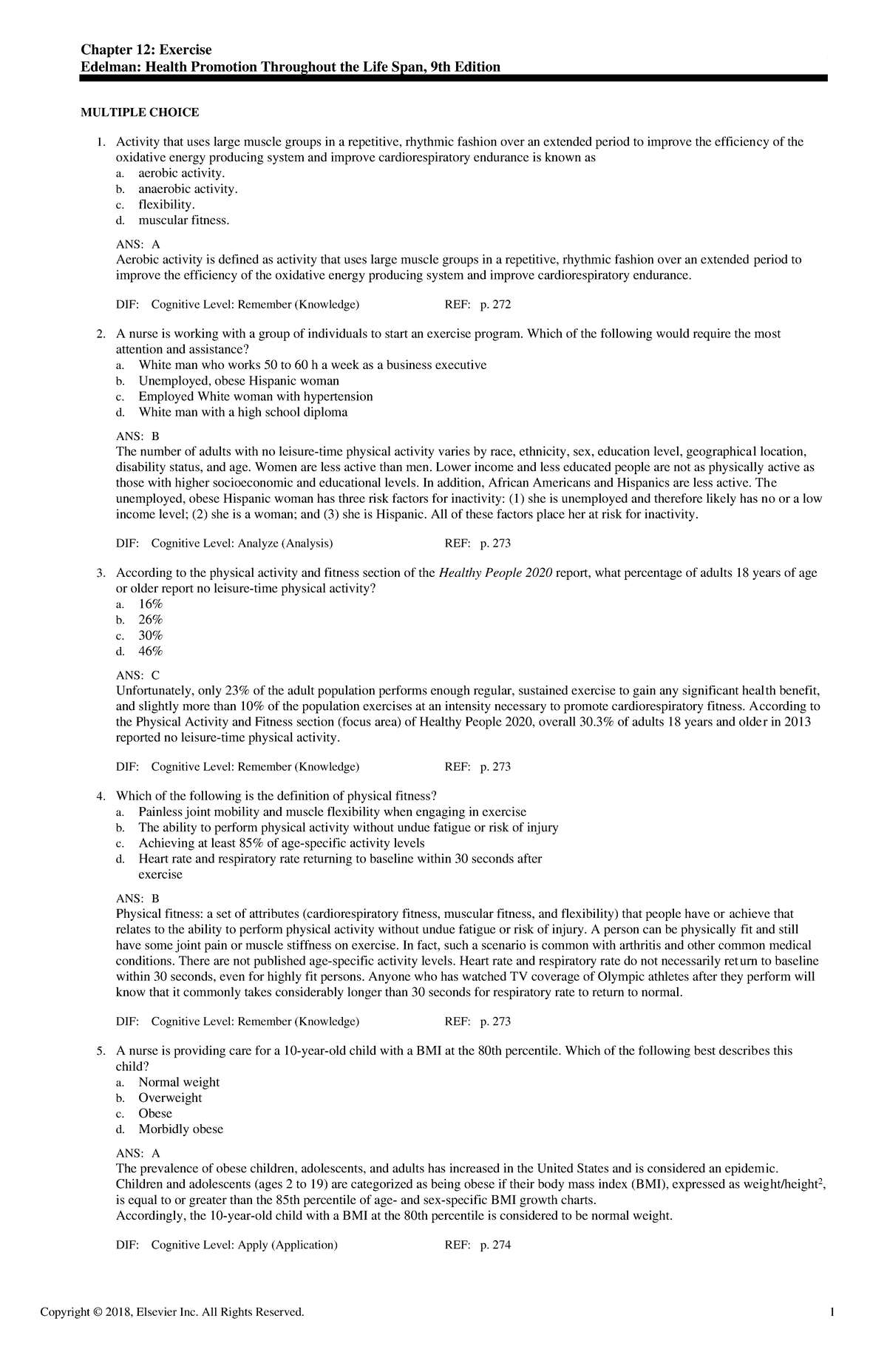 Exam View - Chapter 12 - Chapter 12: Exercise Edelman: Health Promotion ...