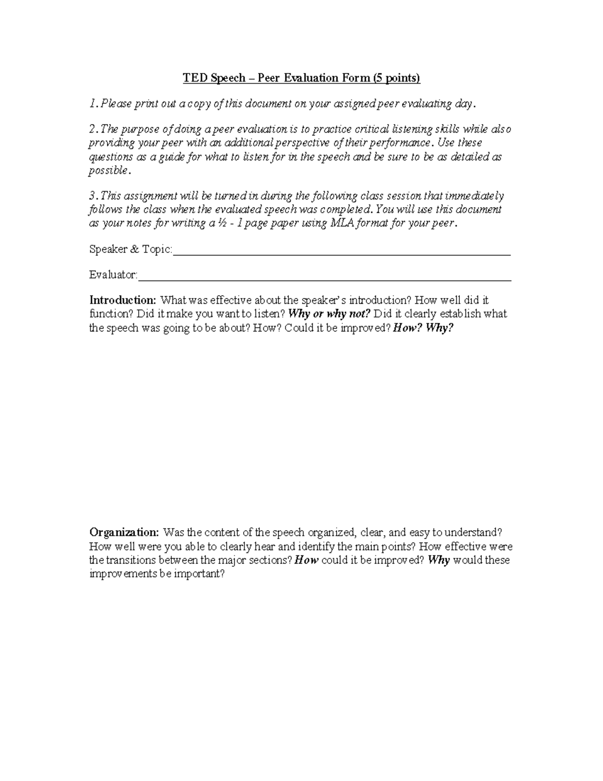TED Speech – Peer Evaluation Form - Please print out a copy of this ...