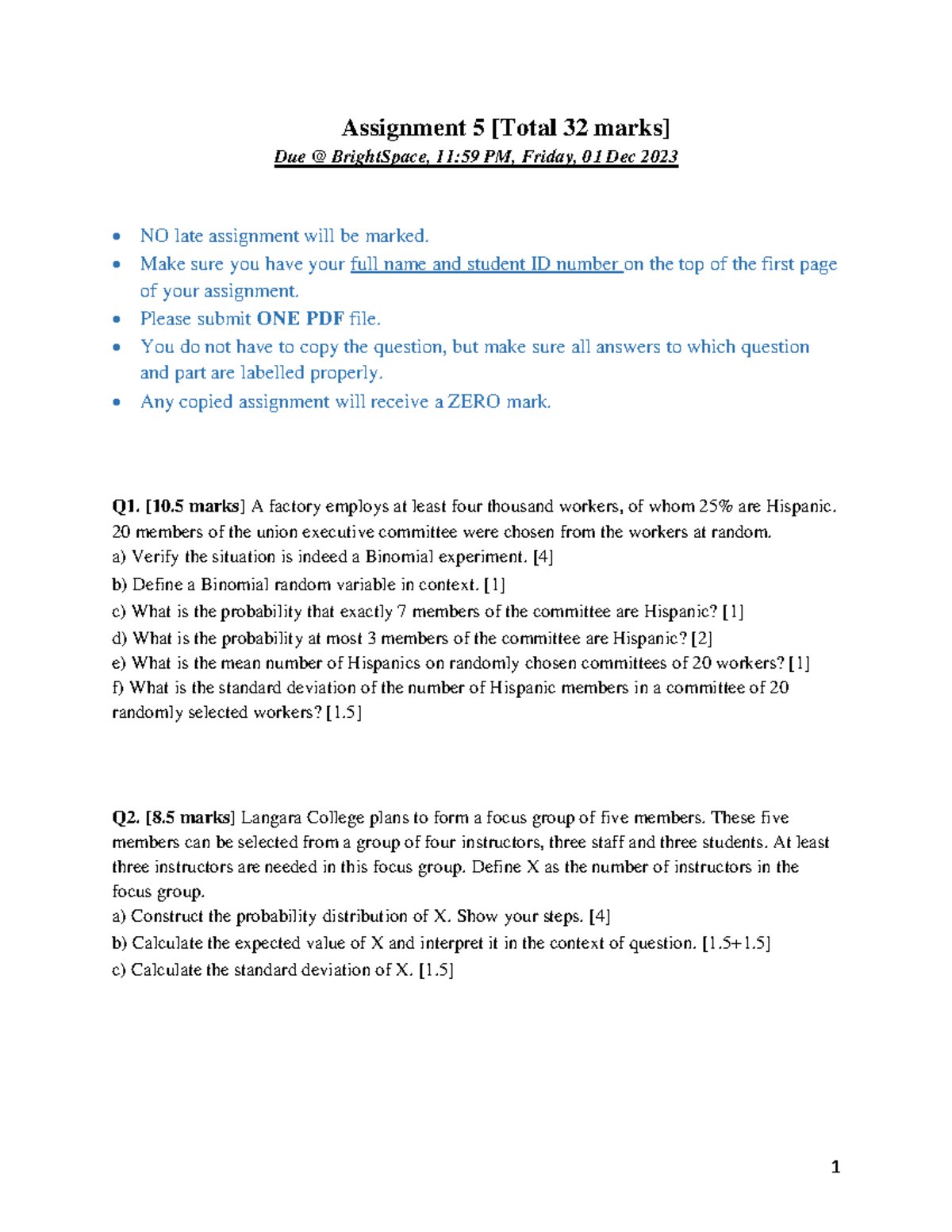 S1181 HW5 - assignment questions - 1 Assignment 5 [Total 32 marks] Due ...