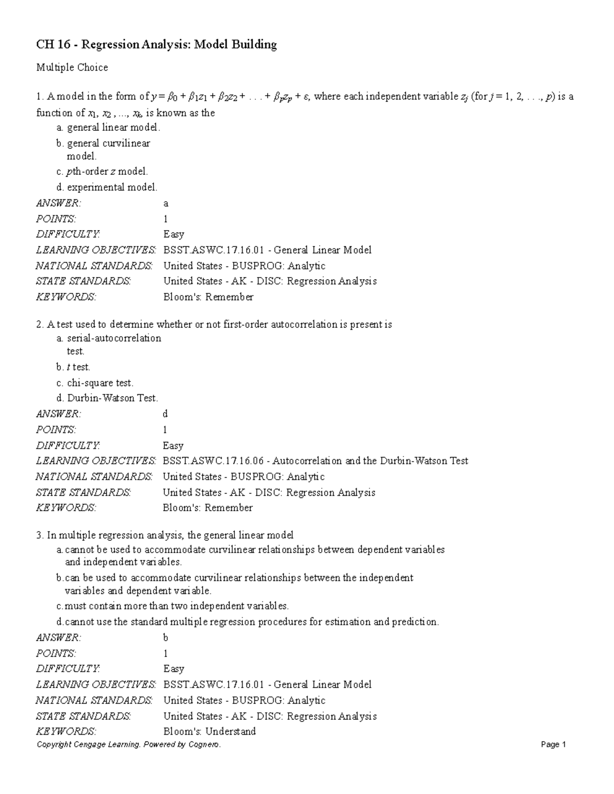 CH 16 Regression Analysis Model Building - Multiple Choice A model in ...
