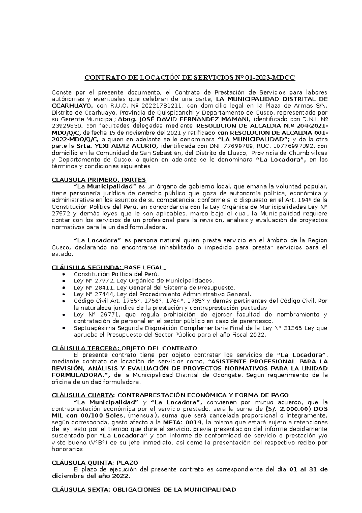 Contrato N° 586 YEXI - CONTRATO DE LOCACIÓN DE SERVICIOS N° 01-2023 ...
