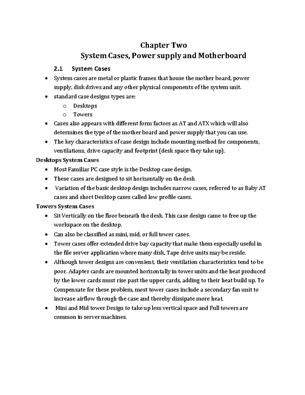 Chapter Two - Chapter Two System Cases, Power supply and Motherboard 2 ...