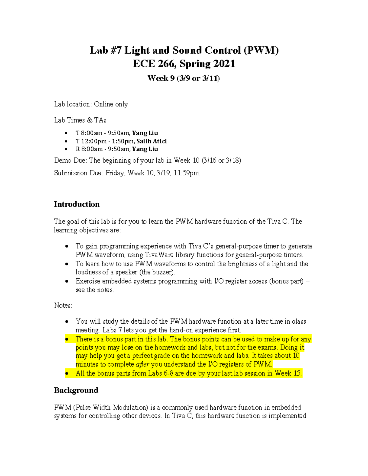 Lab7 - lab - Lab #7 Light and Sound Control (PWM) ECE 266, Spring 2021 ...