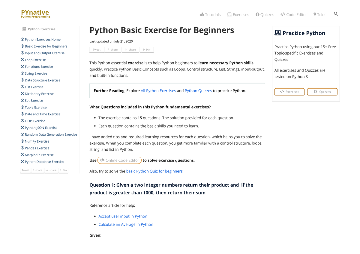 Python - Phyton learning - Python Basic Exercise for Beginners Last updated on July 21, 2020 ...