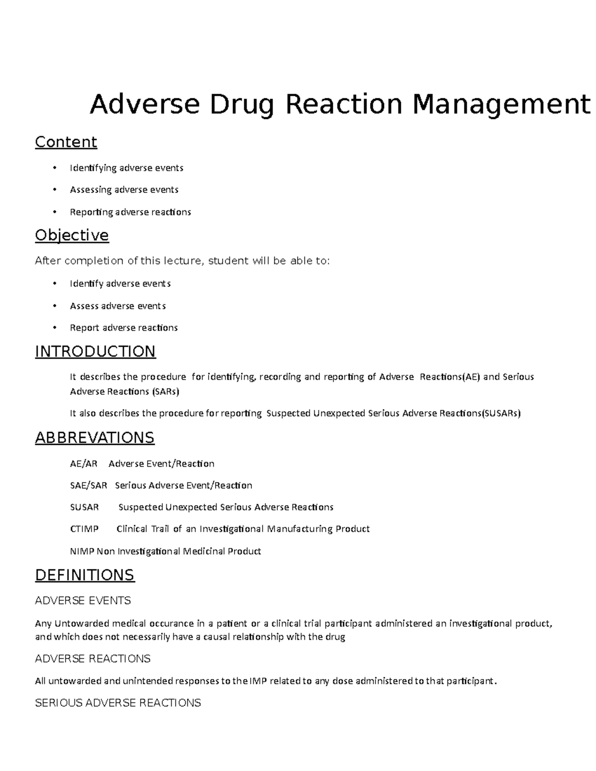 Chapter - 1 Adverse Drug Reaction Management - Adverse Drug Reaction ...