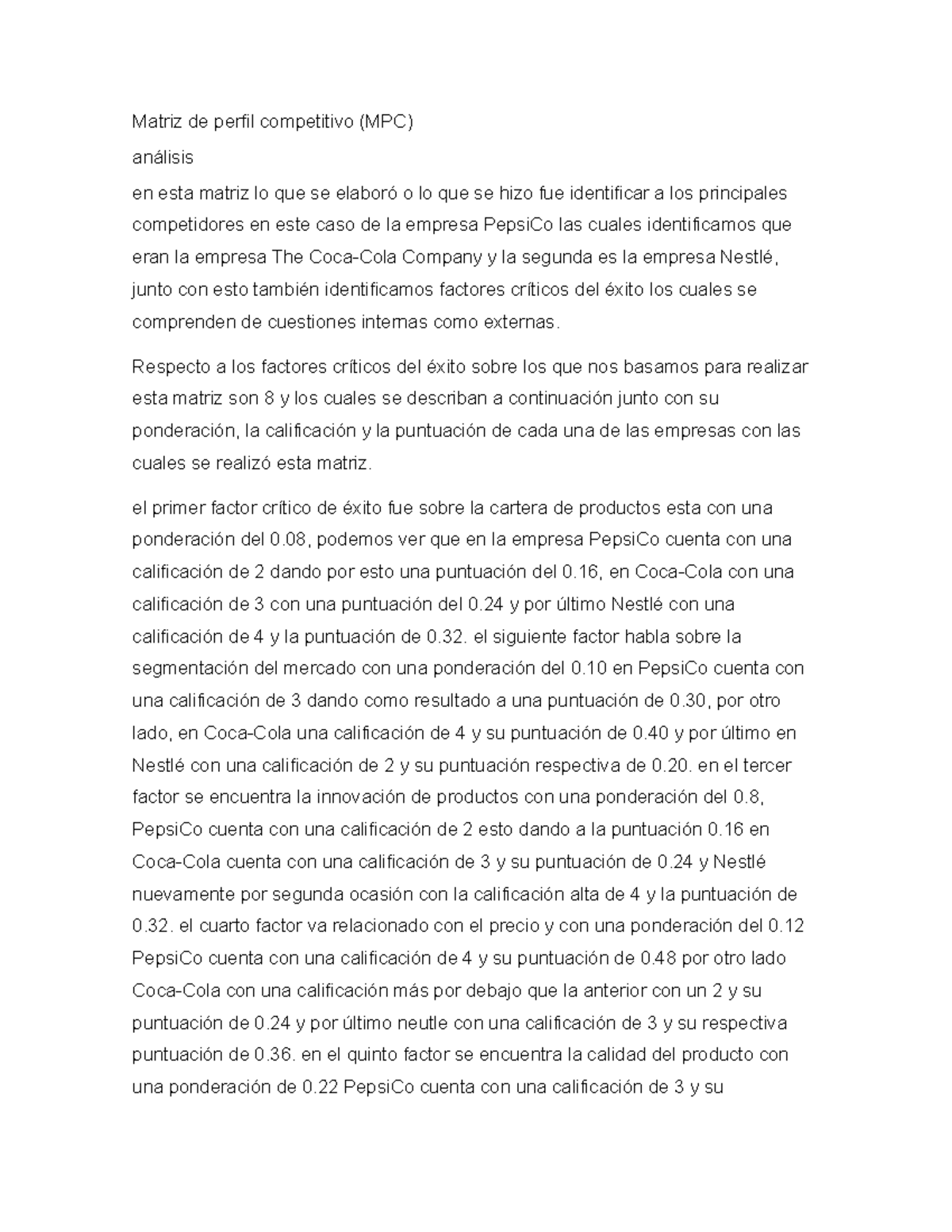 Matriz MPC - Planeacion Estrategica - Matriz de perfil competitivo (MPC ...