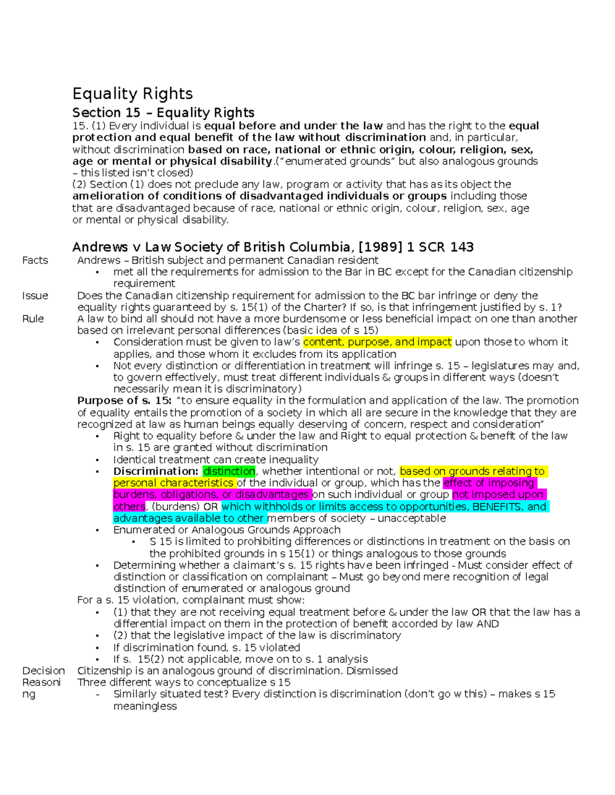 Equality Rights - Lecture Note - Equality Rights Section 15 – Equality ...