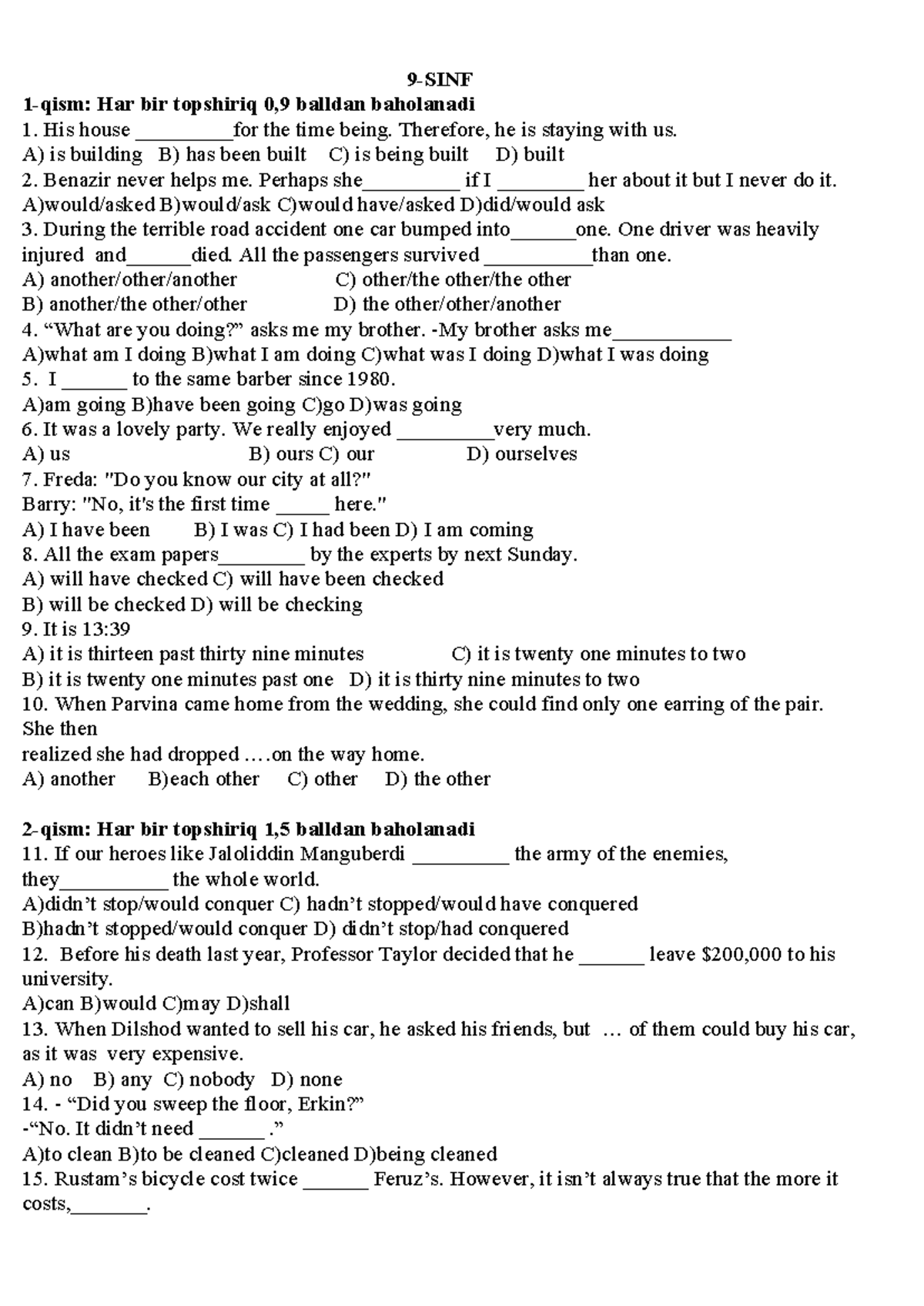 English 9 grade 2021 - Good - 9-SINF 1-qism: Har bir topshiriq 0,9 ...