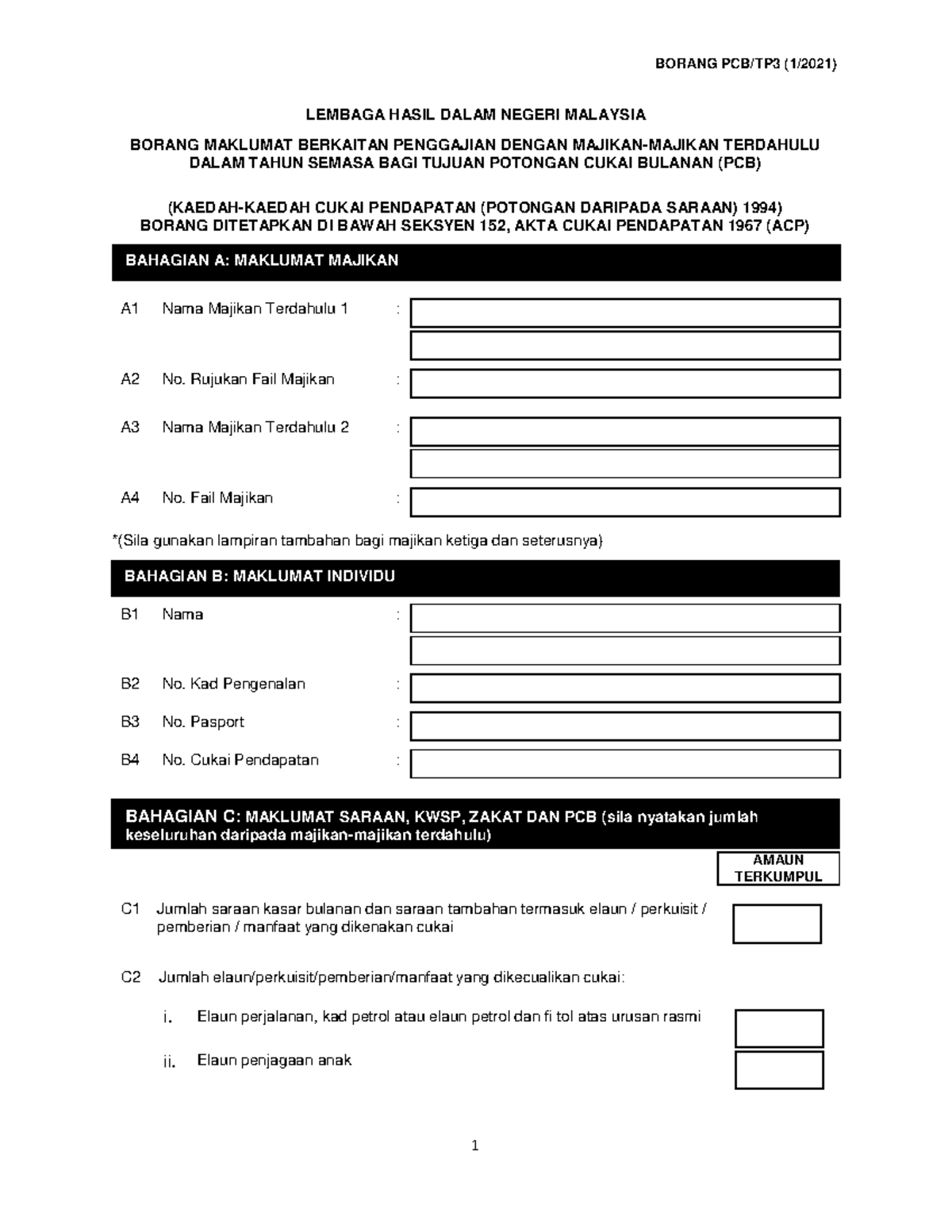 LHDN Borang TP 3 2021 Real Sample Of Employment Forms Used By HR In