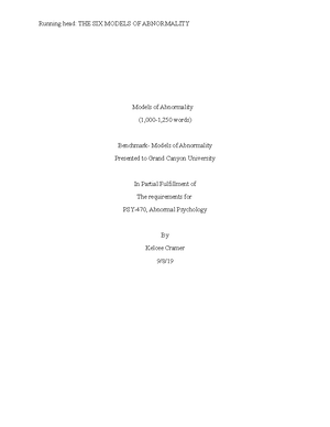 PSY 470-Models of Abnormality Matrix - PSY-470 Topic 1 Benchmark ...