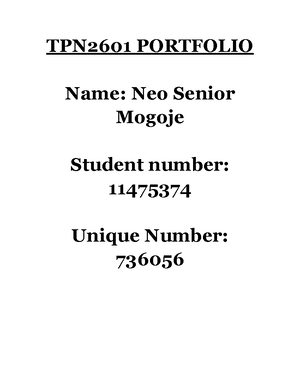 TPN 2601 ASSIGNMENT 01 - Student number: Module code: TPN Assignment number: Unique number ...