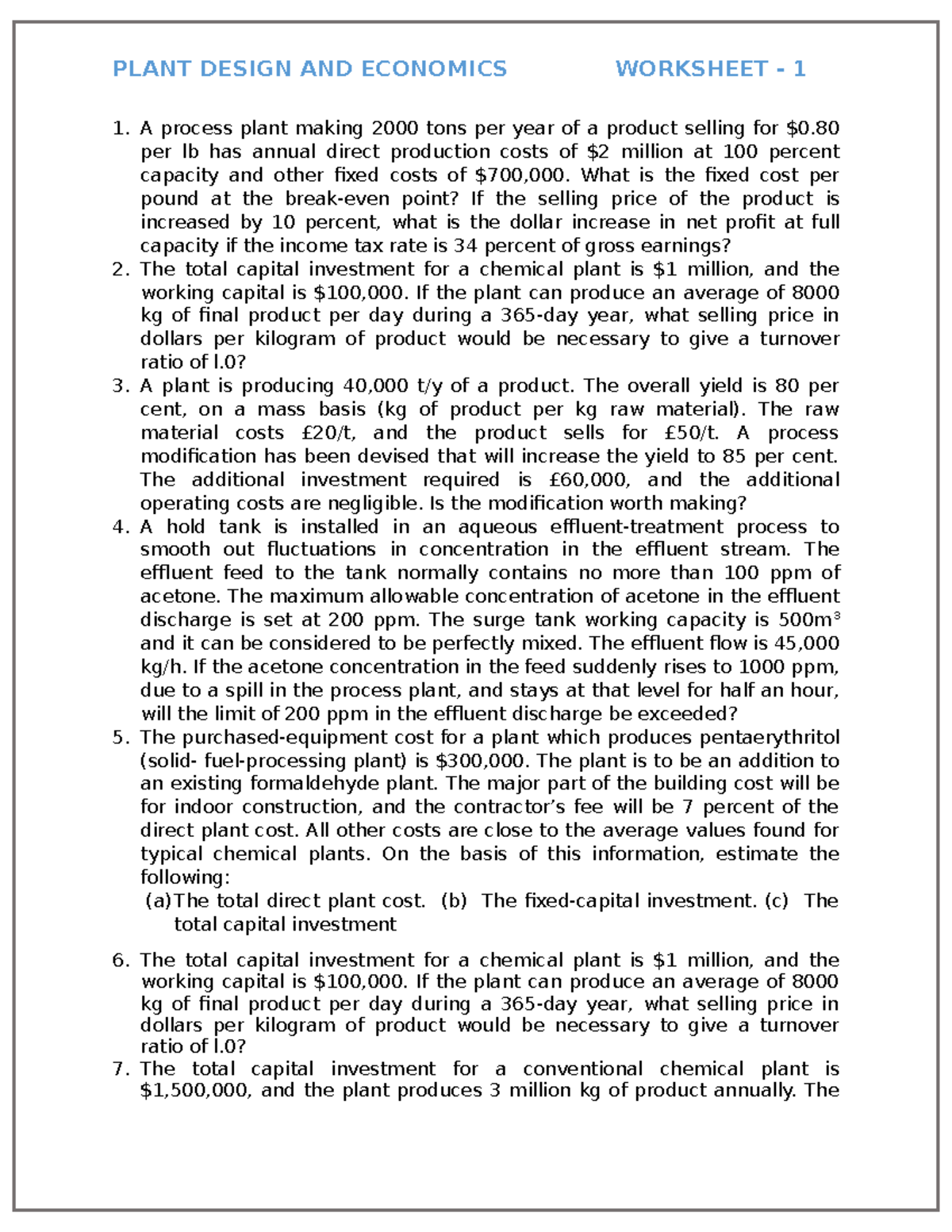 Worksheet 1 - ways of evaluation - PLANT DESIGN AND ECONOMICS WORKSHEET ...