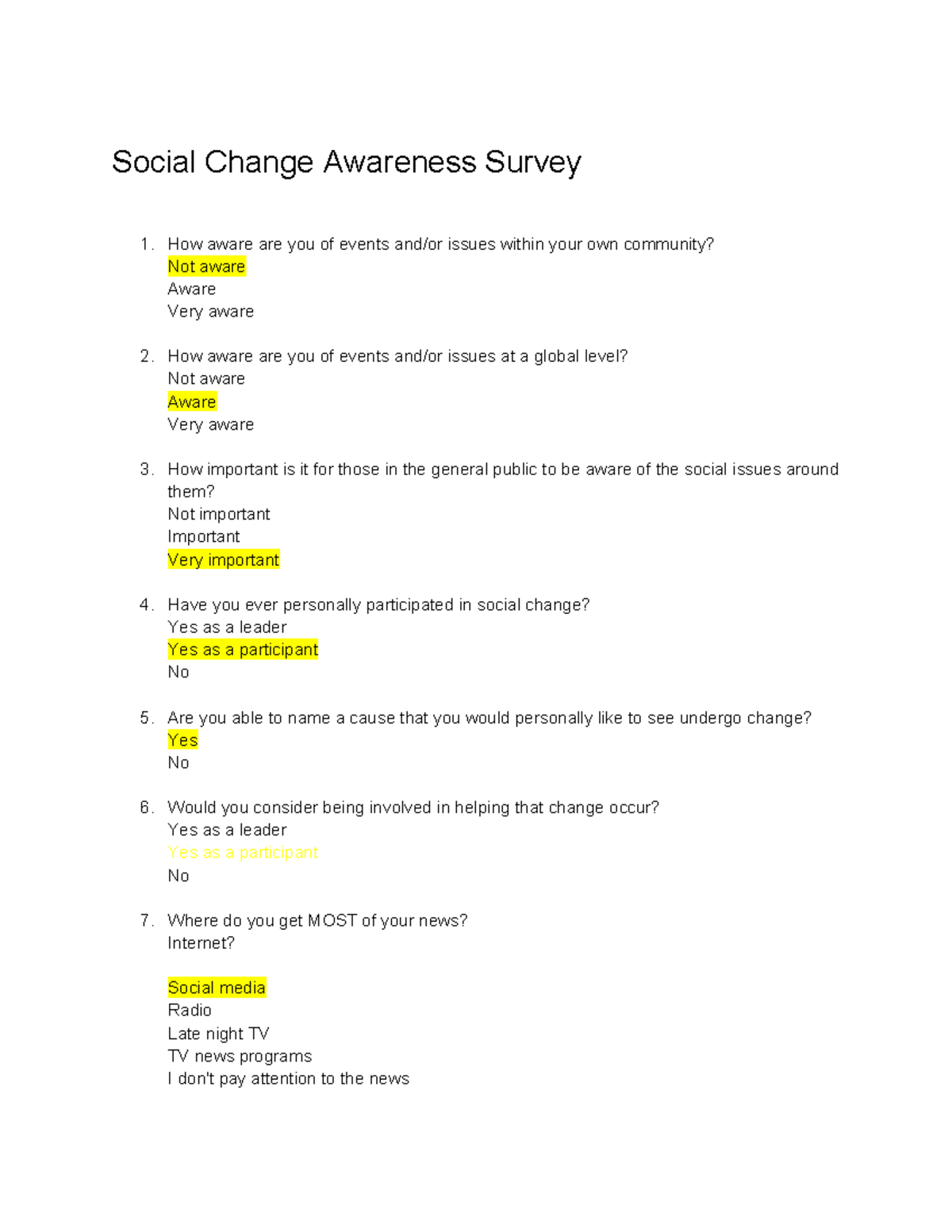 Social Change Awareness Survey - How aware are you of events and/or ...