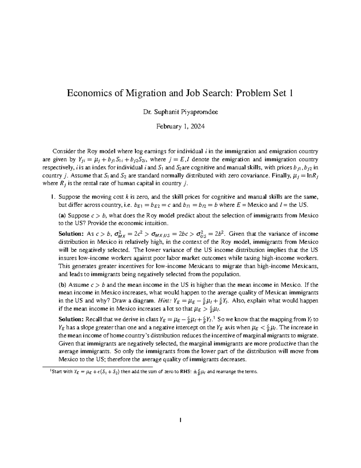 ECON0041 2024 PS1 Solution - Economics of Migration and Job Search ...