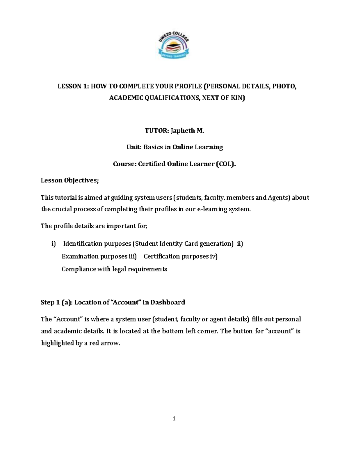 Col lesson 1 how to complete your profile - LESSON 1: HOW TO COMPLETE ...