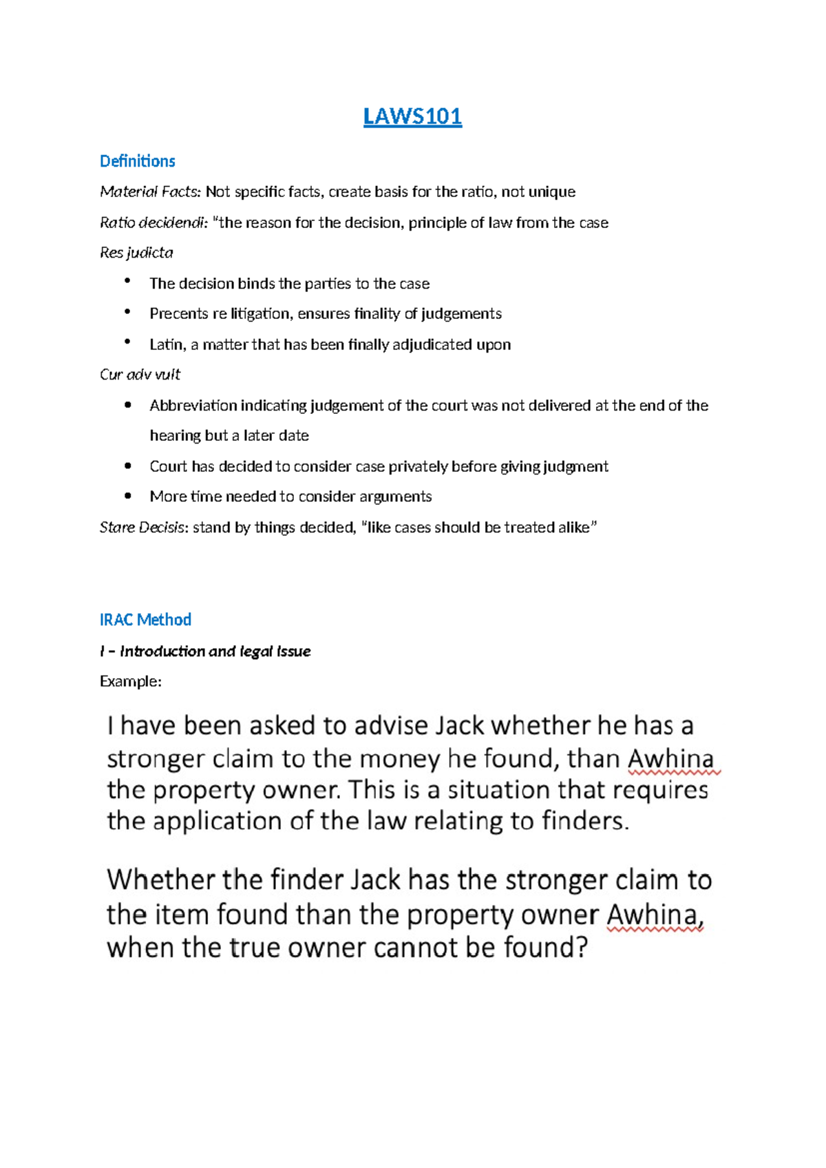 LAWS101 exam notes - LAWS Definitions Material Facts: Not specific ...