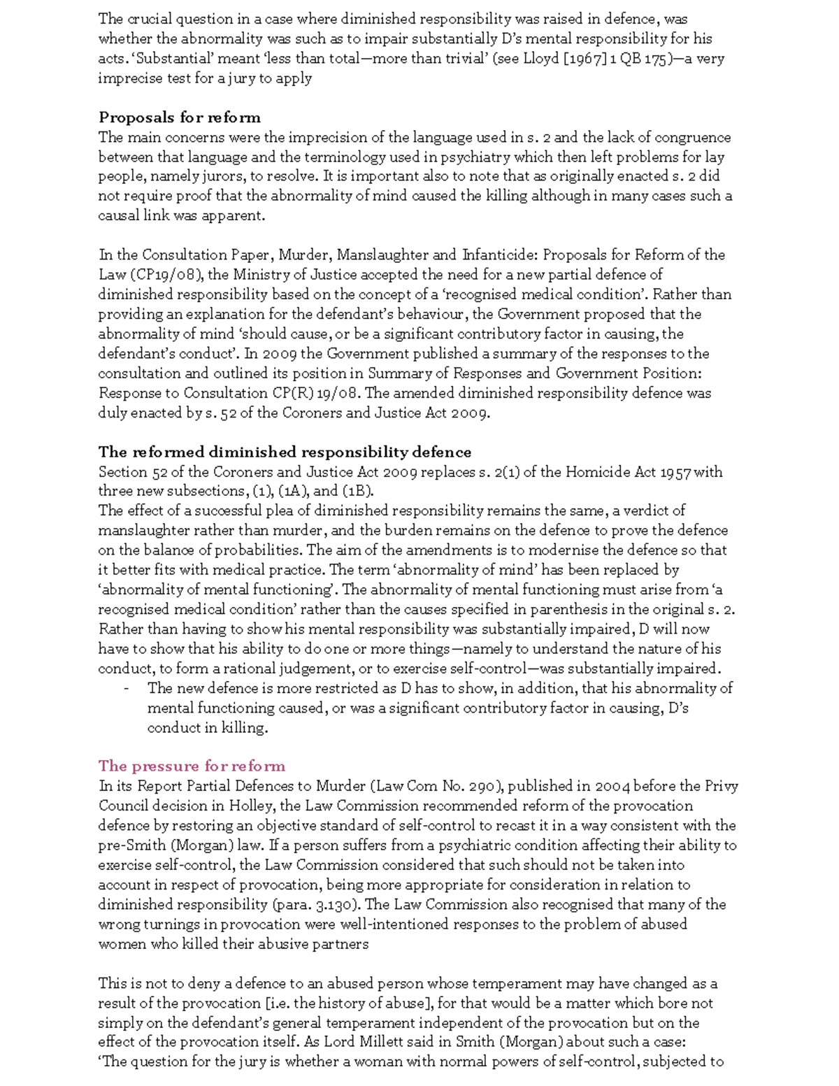 Loss of self-control, Qualifying trigger, fear of violence, proposals ...