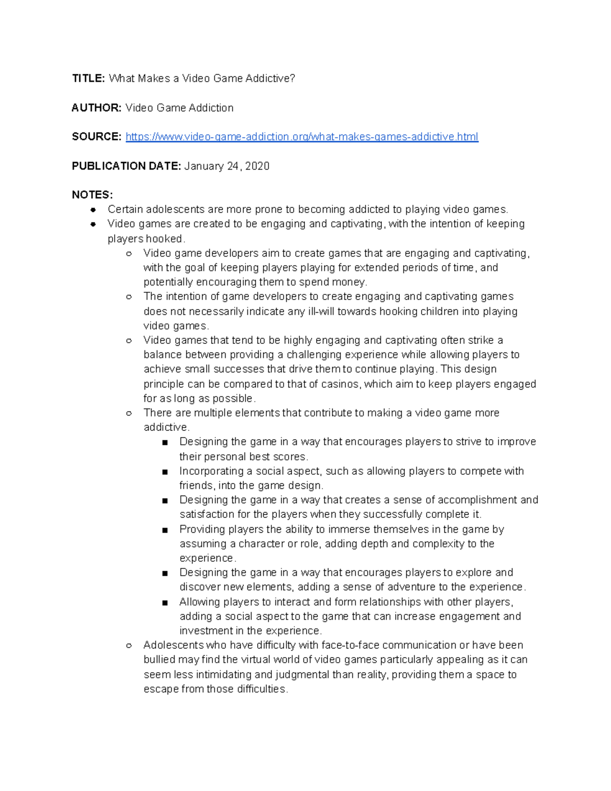 Journal Article #4 - Addictive Video Games - TITLE: What Makes a Video ...