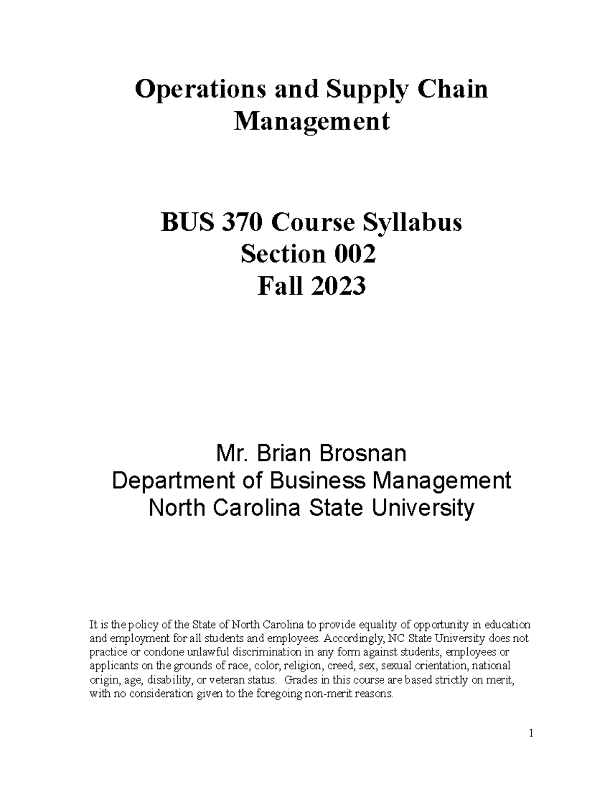 BUS 370-002- Syllabus Fall 2023 081823 - Operations and Supply Chain ...
