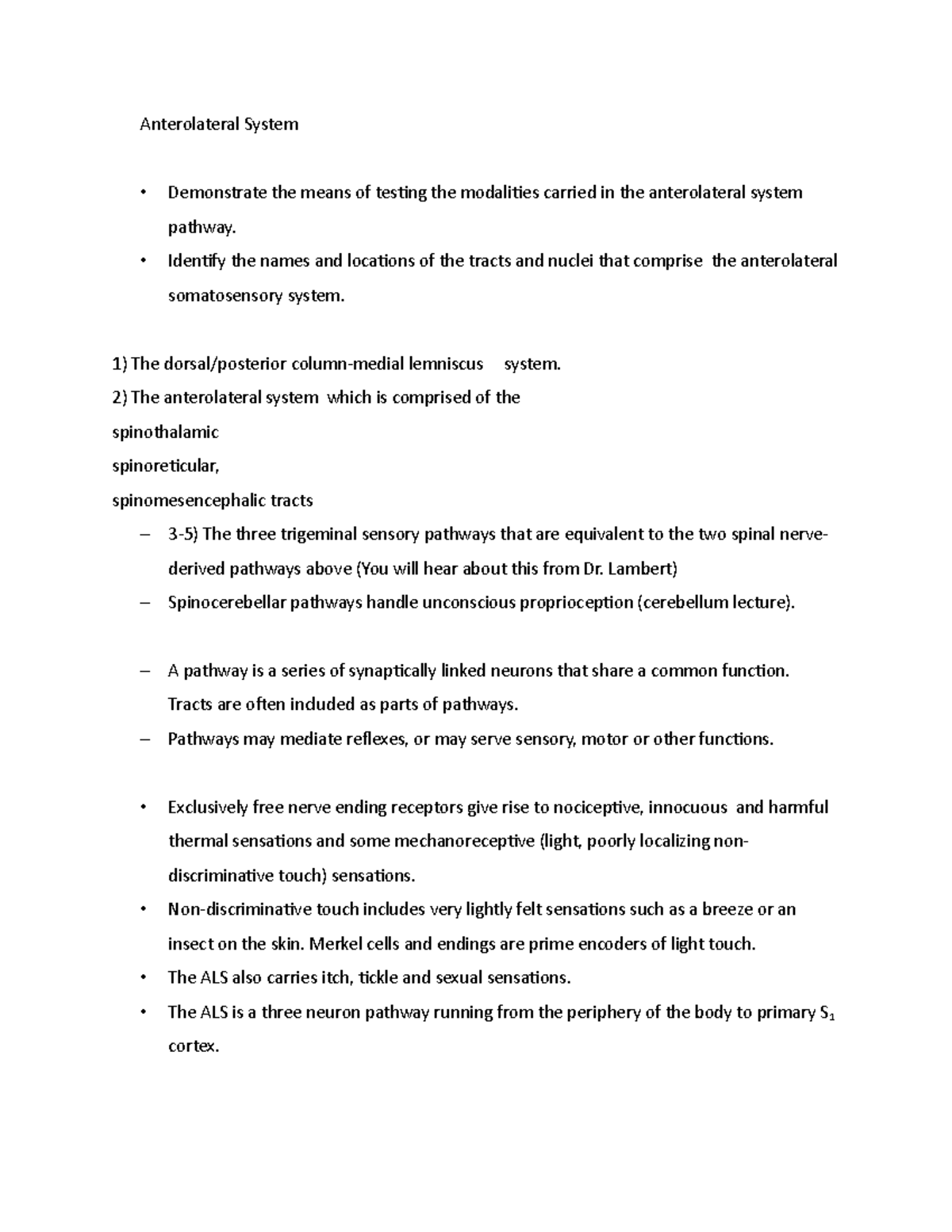 Bio101 Anterolateral System - Anterolateral System Demonstrate the ...