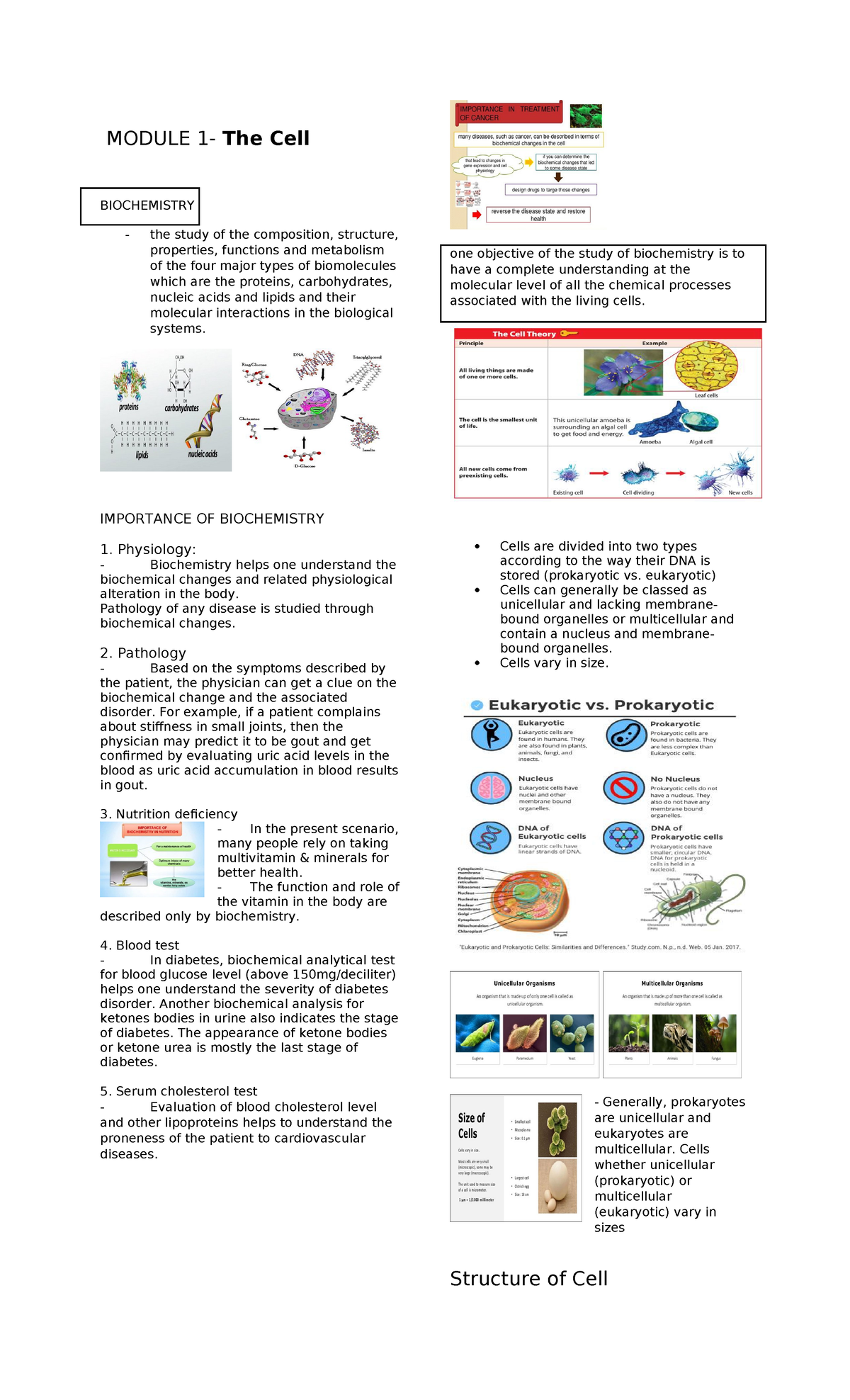 Module 1 Biochem - MODULE 1- The Cell BIOCHEMISTRY - the study of the ...