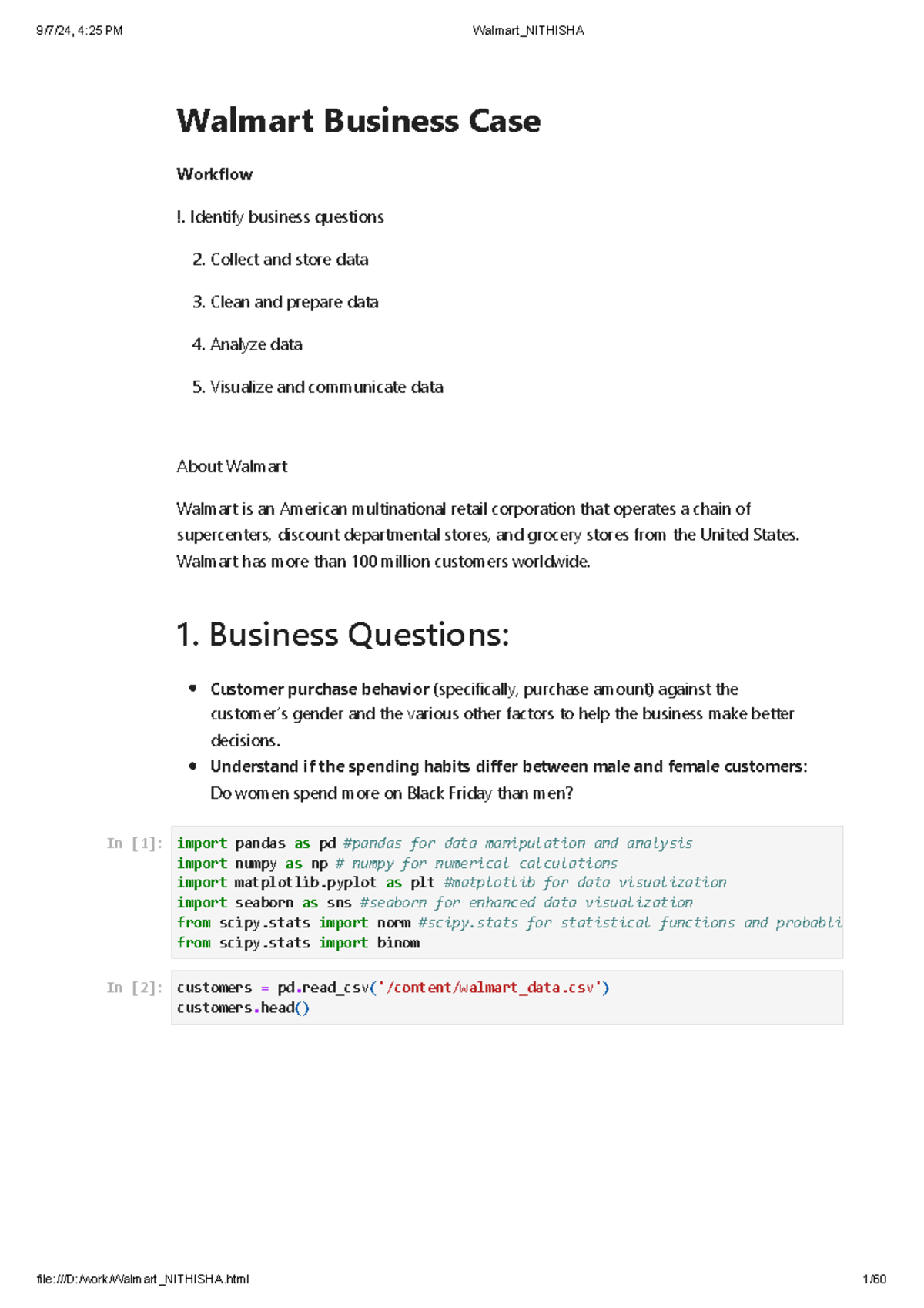 Walmart business case - Walmart Business Case Workflow !. Identify business questions 2. Collect ...