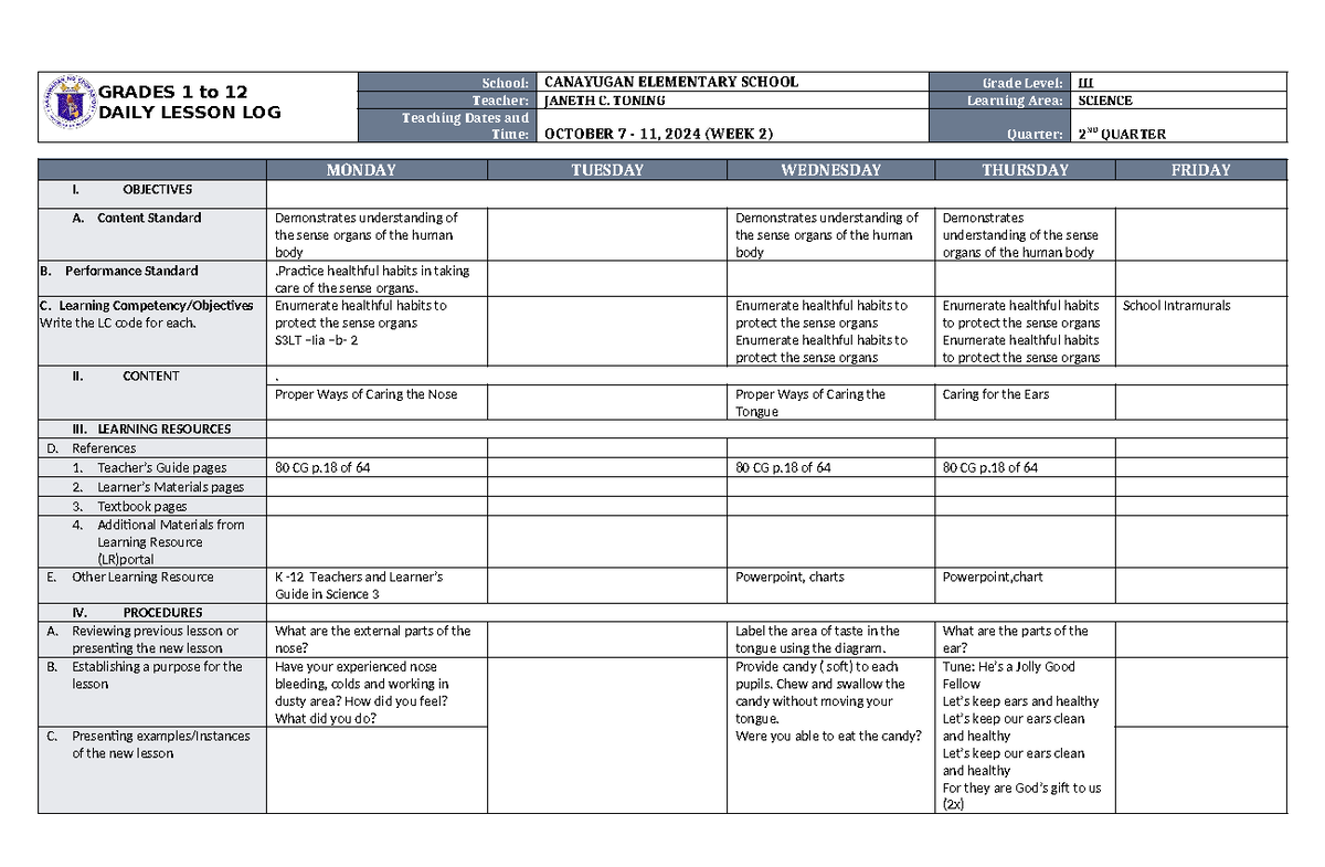 DLL Science 3 Q2 W2 - Daily lesson plan - GRADES 1 to 12 DAILY LESSON ...