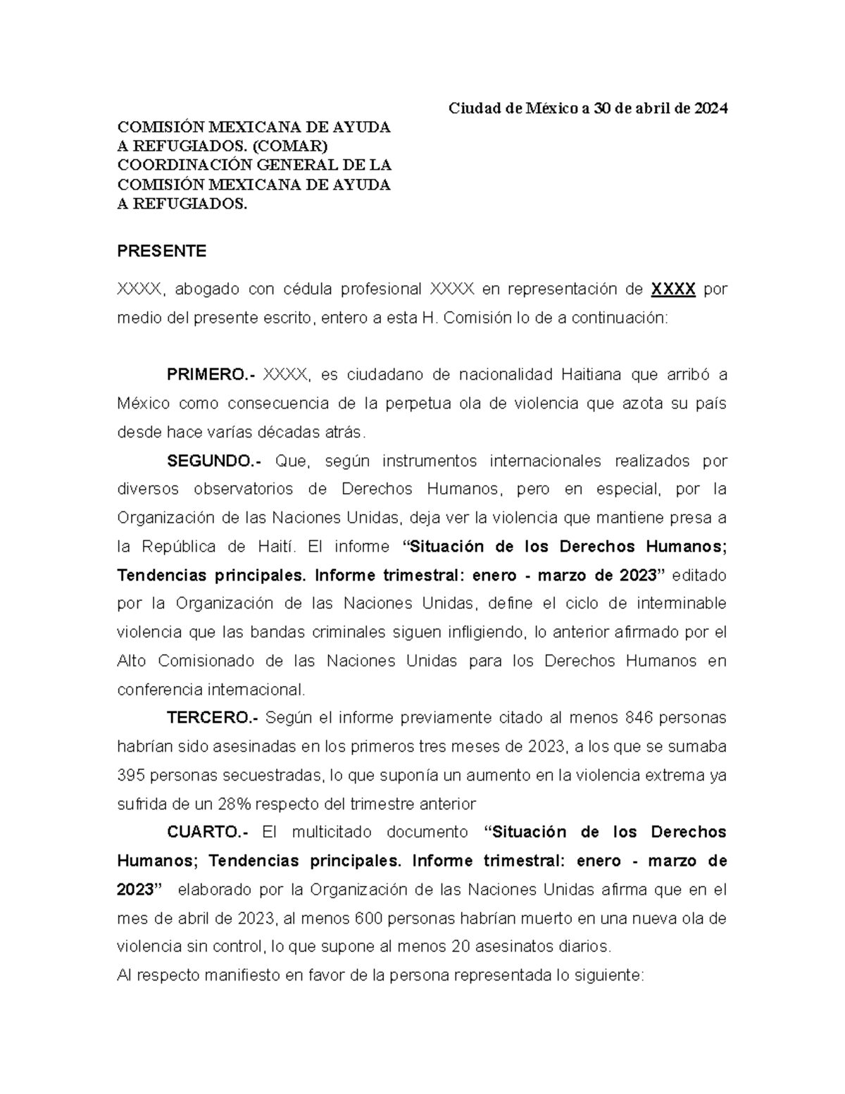 Escrito Comar Solicitud DE Refugio ENTE Comar - Ciudad de México a 30 ...