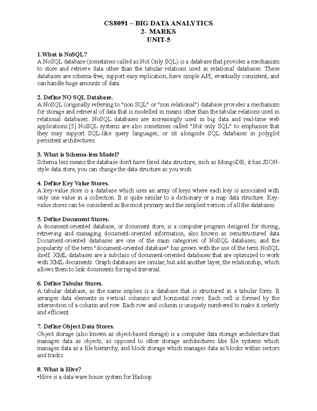 Unit 5 2m - 2 mark - CS8091 – BIG DATA ANALYTICS 2- MARKS UNIT- 1 is ...