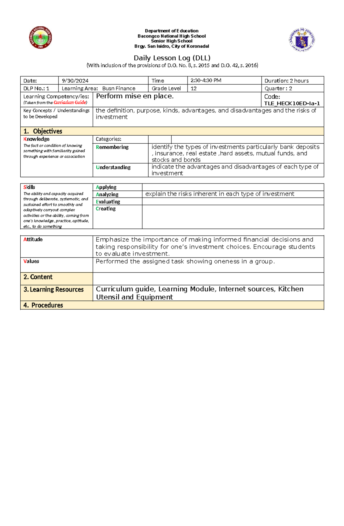 Busn Fin-DLP-2ndw1 - Lesson Plan - Department of Education Bacongco ...