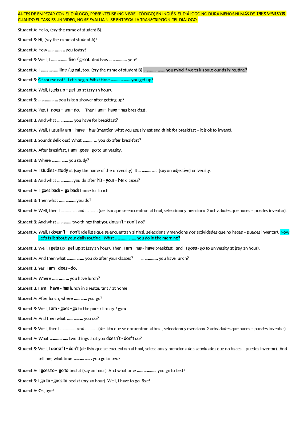 Weekly Example - Guia de ingles - ANTES DE EMPEZAR CON EL DIÁLOGO ...