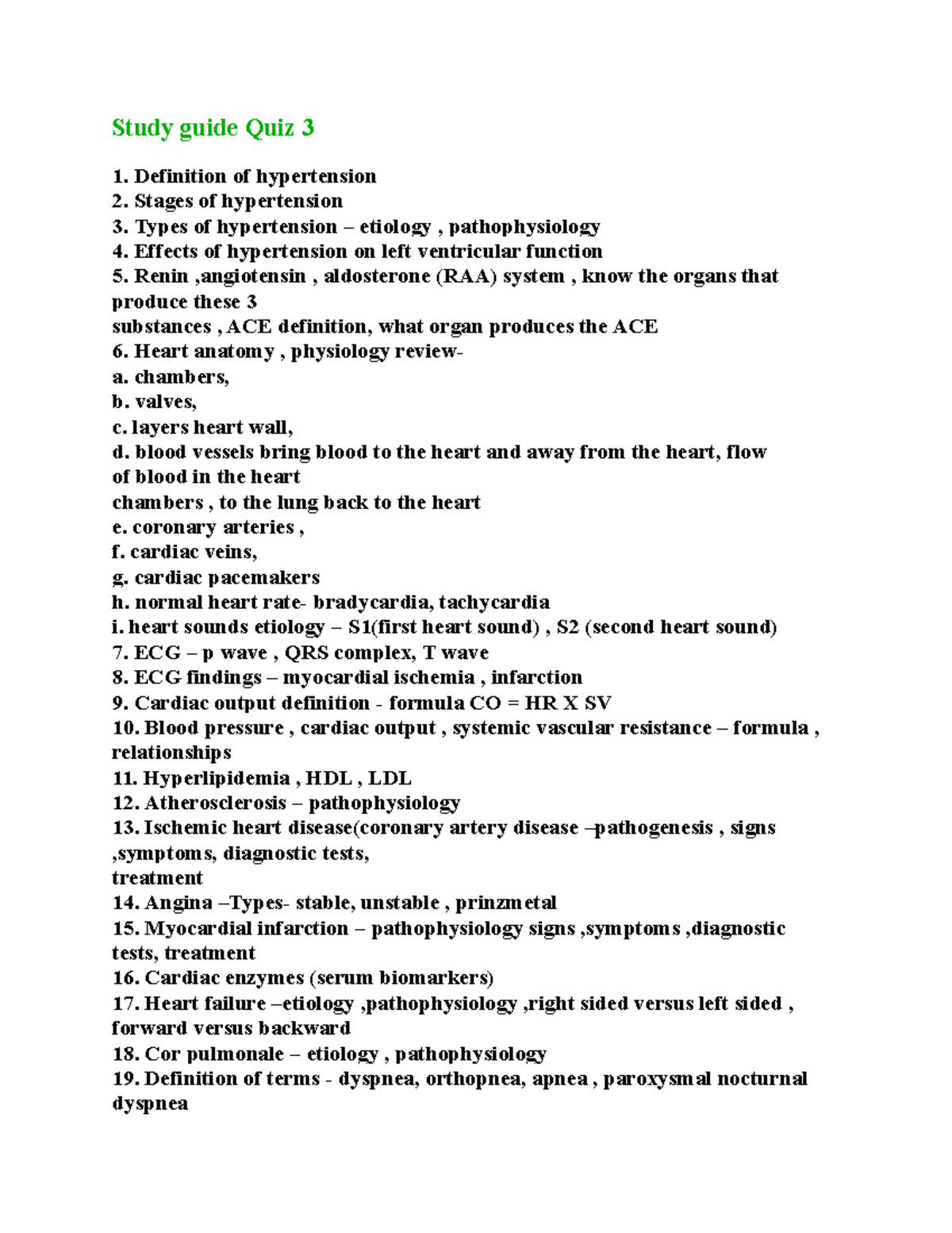Study Guide Week 3 - Study guide Quiz 3 Definition of hypertension ...