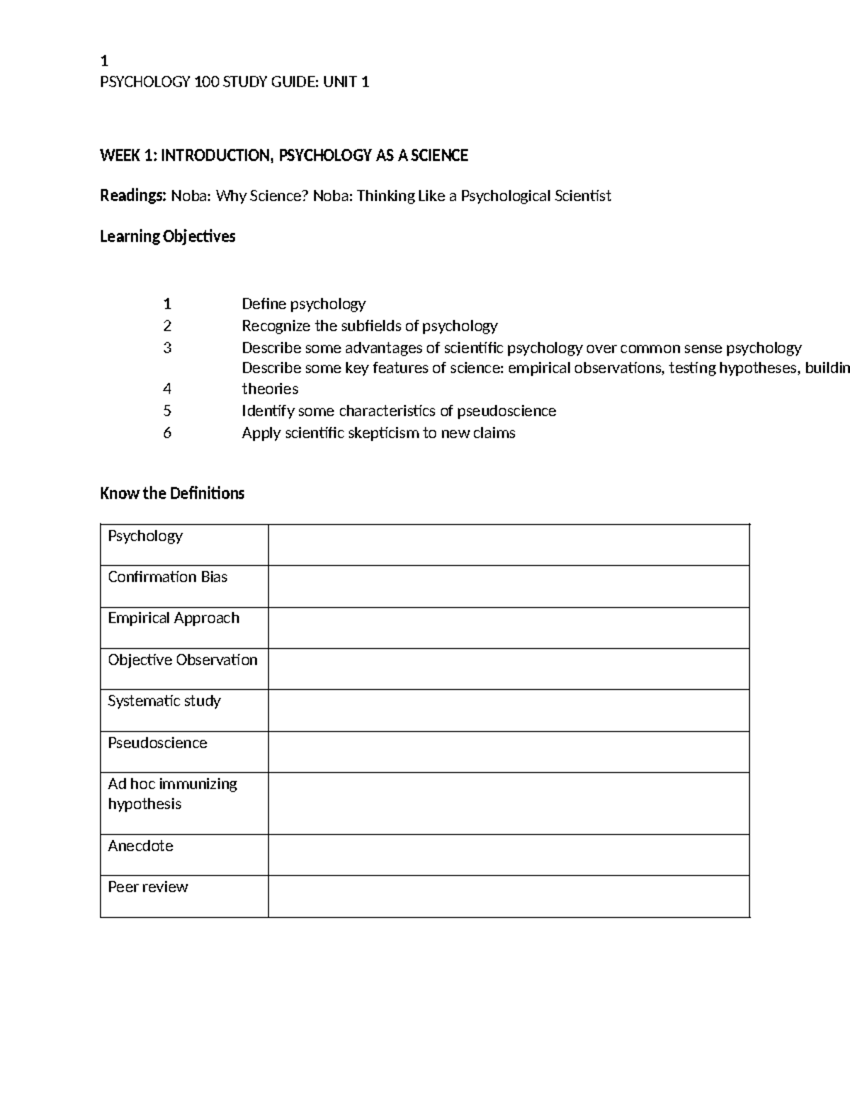 Study Guide 1 - PSYCHOLOGY 100 STUDY GUIDE: UNIT 1 WEEK 1: INTRODUCTION ...