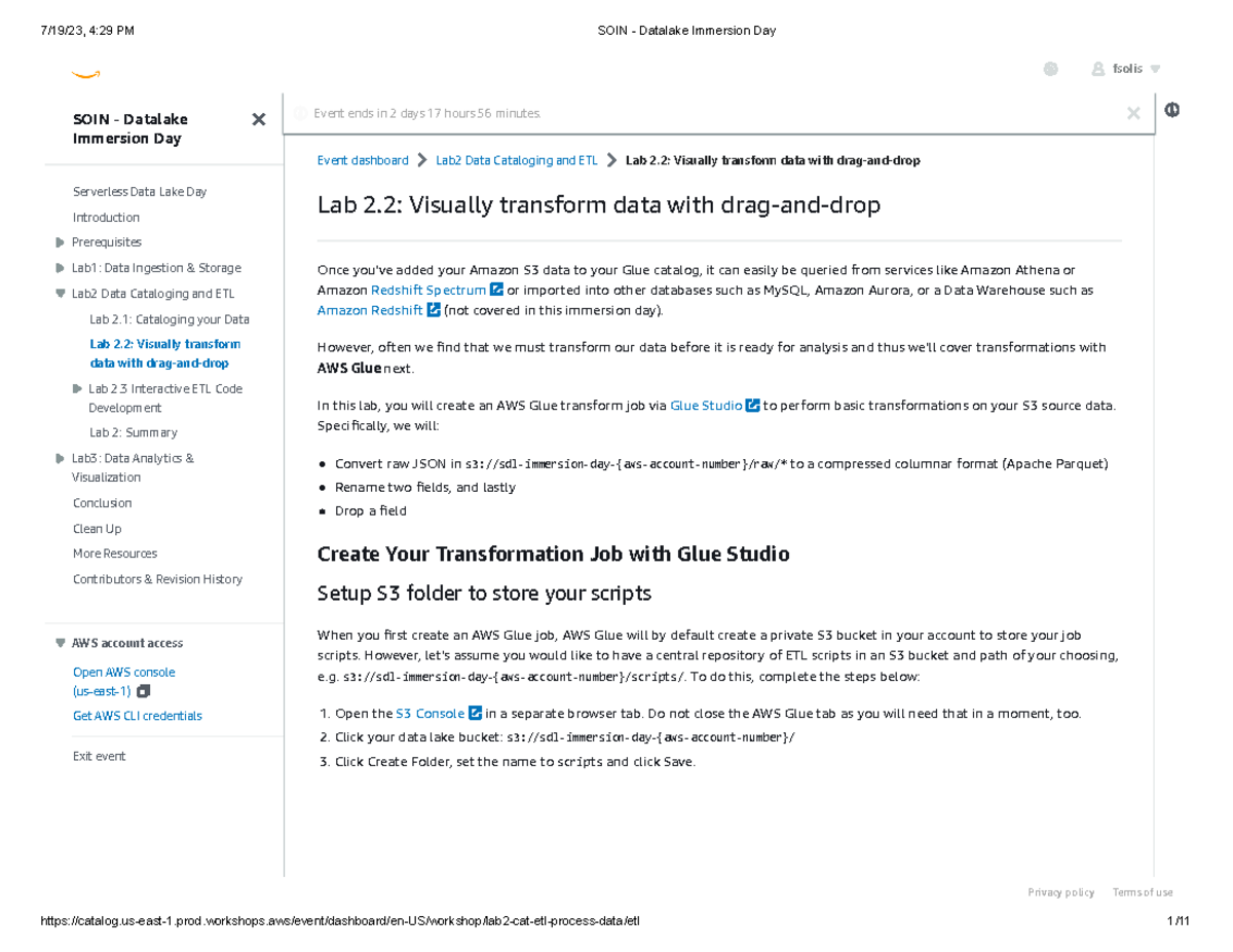 Lab 2.2 Visually transform data with drag-and-drop - Event dashboard Lab2 Data Cataloging and ...