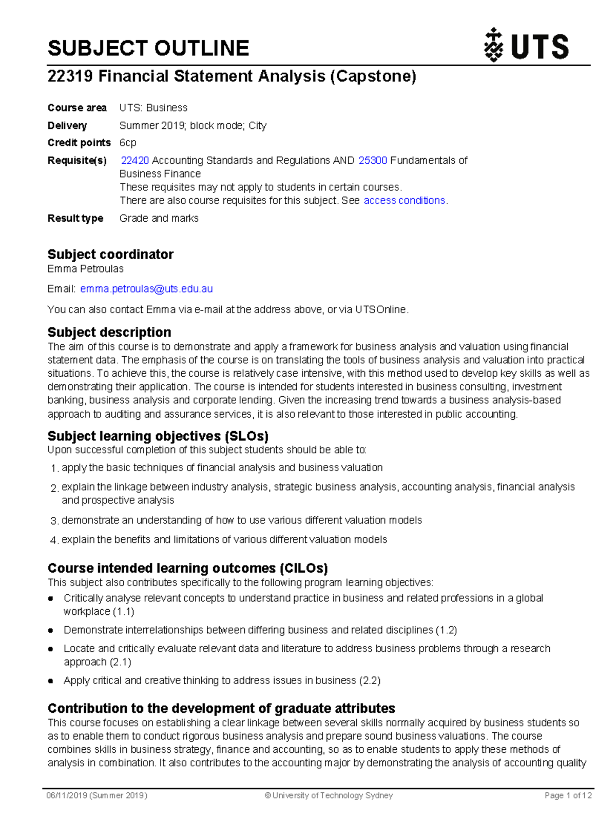Subject Outline - SUBJECT OUTLINE 22319 Financial Statement Analysis ...