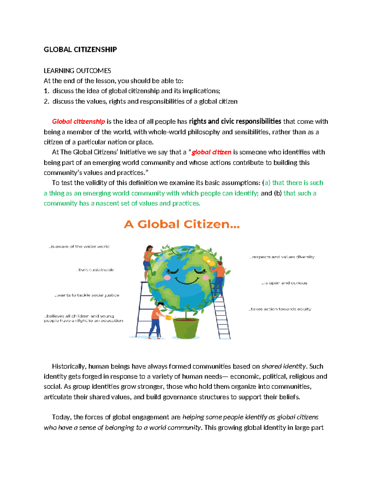 Week 17, Global Citizenship-1 - GLOBAL CITIZENSHIP LEARNING OUTCOMES At ...